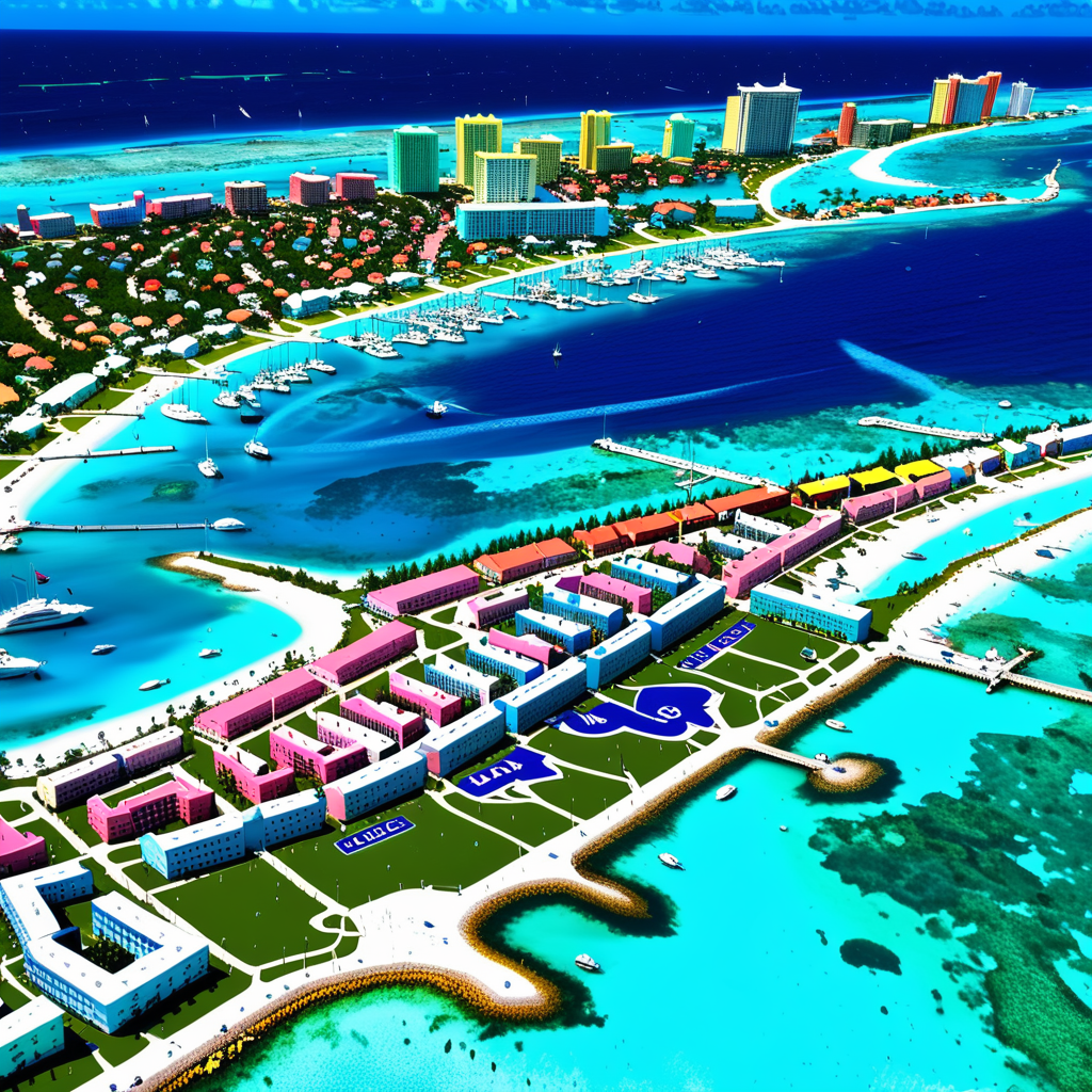 Aerial View of a Vibrant Coastal City with Turquoise Waters and Marina.