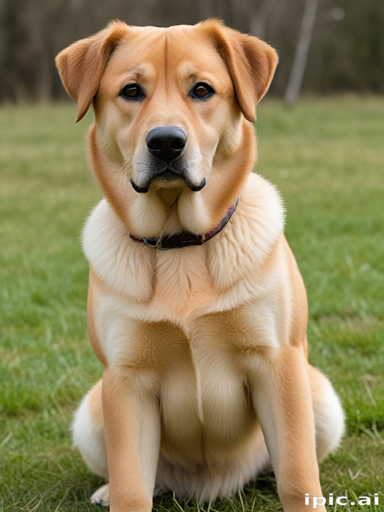 A Beautiful Golden Dog Sitting Proudly on a Green Grass Field.