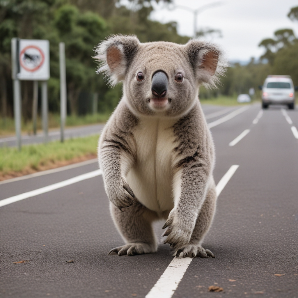 a koala crossing a busy road