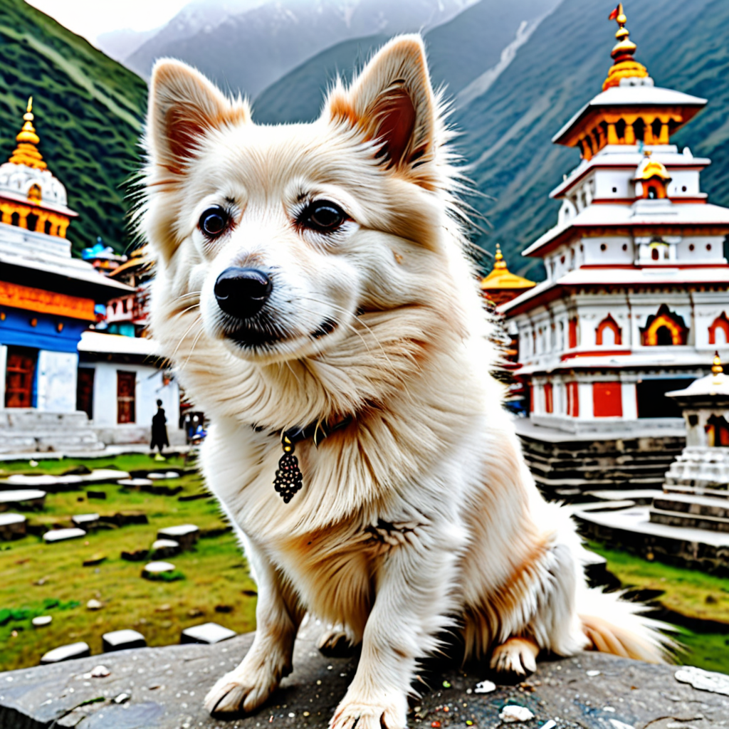 White Indian Spitz dog praying outside kedarnath temple