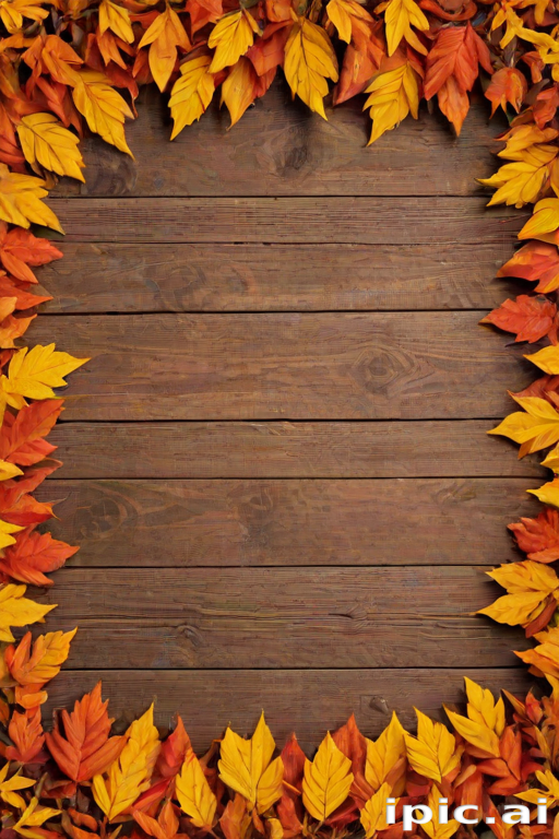 Autumn Leaves Framing a Rustic Wooden Background for Seasonal Decor