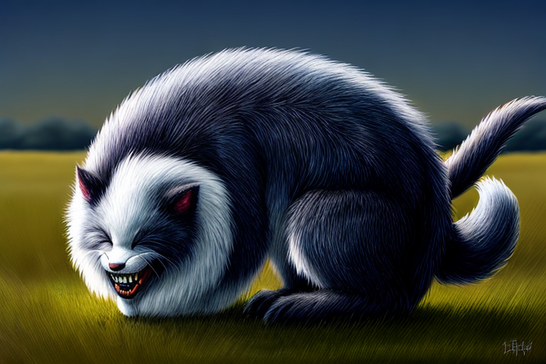 fluffy cute monster with teeth and tail sleeping outside at night dark