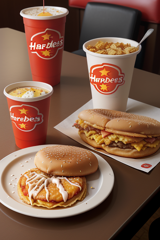 Delicious Fast Food Spread Featuring Hardee's Burgers, Sides, and Beverages