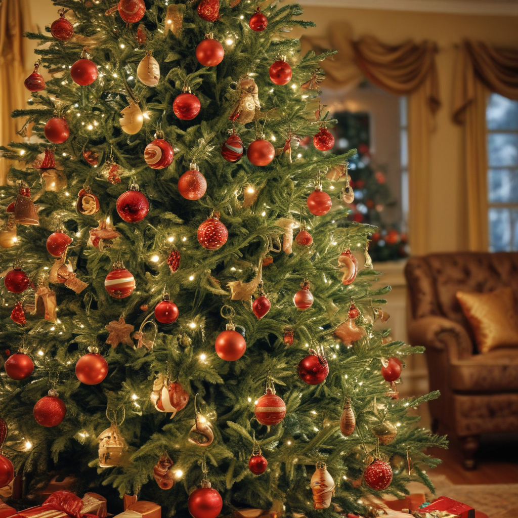 A Festively Decorated Christmas Tree Adorned with Bright Ornaments and ...