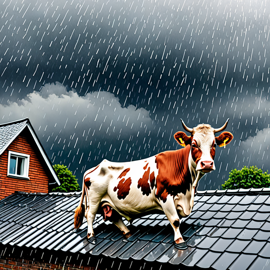 cow on roof in rain color illustration