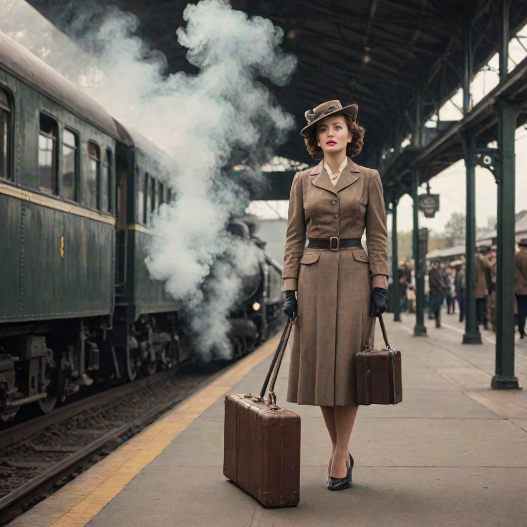 A Stylish Woman in Vintage Clothing Waiting at a Train Station