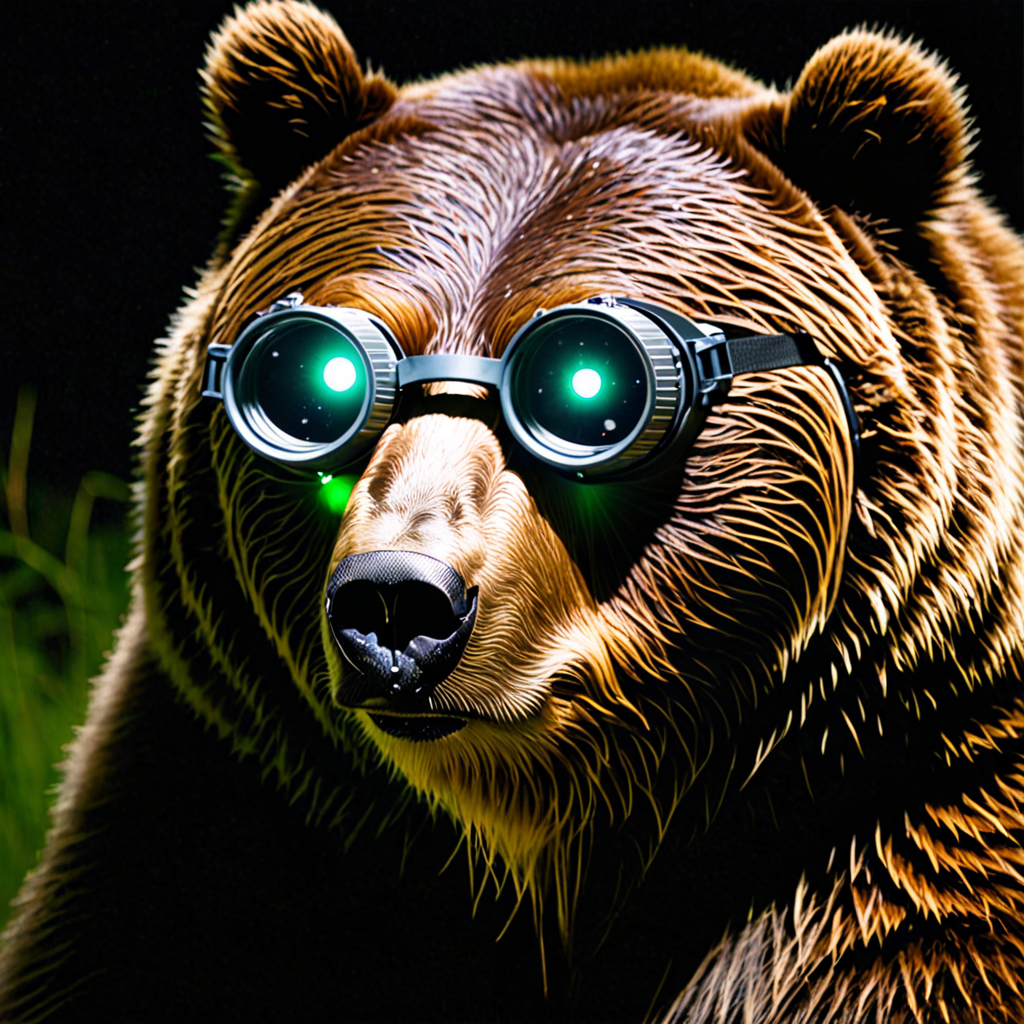 nighttime photo of bear with night vision goggles watching poop