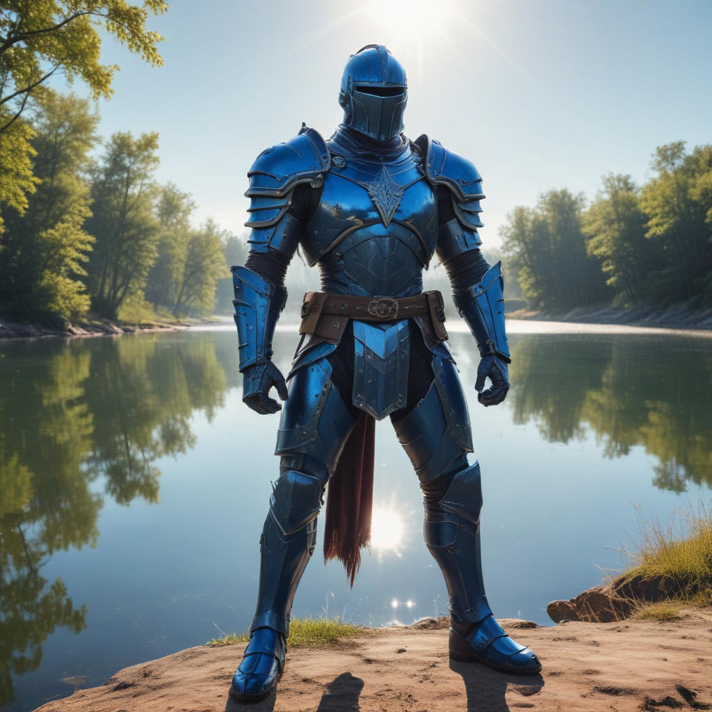 A knight in blue armor stands near a lake, bright sunlight, comic-book ...