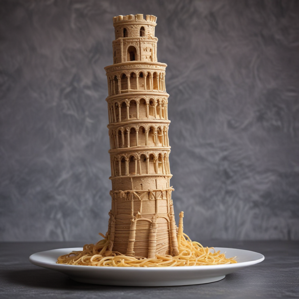 tower of Pisa made from spaghetti, coming out from the dish