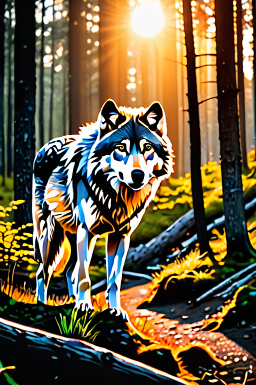 Wolf coming out of a forest with the sun setting in the background in a ...