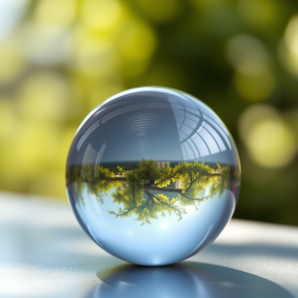 A Crystal Sphere Reflecting a Lush Green Tree Under Soft Natural Light.