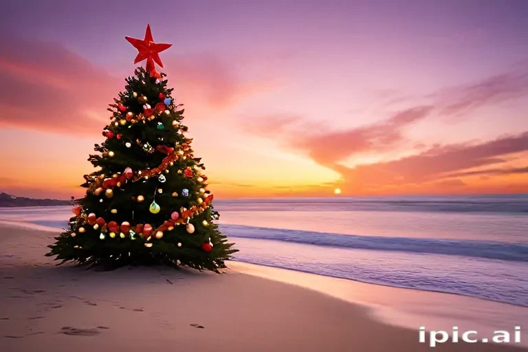 Christmas Tree Decorated with Lights on a Serene Beach at Sunset