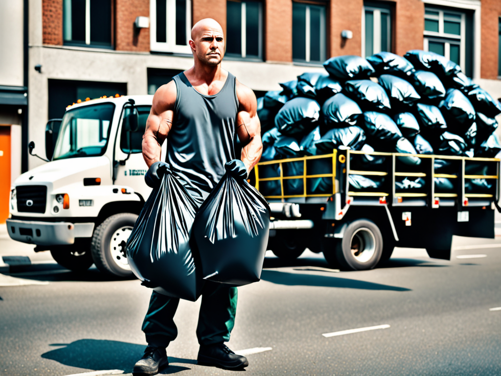 realistic handsome bald muscular garbagemen from the side carrying ...