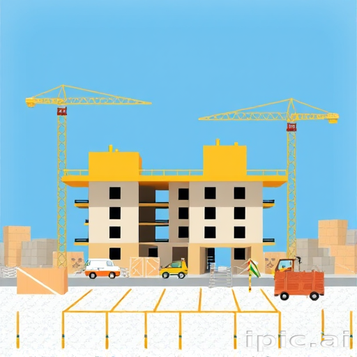 Bright Yellow Construction Site with Cranes, Vehicles, and Building ...