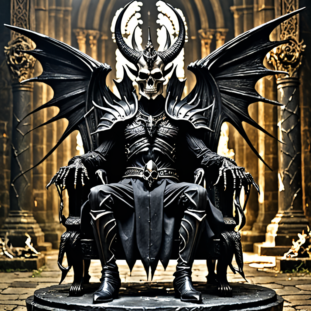 A demon with charcoal skin with bone wings and a 4-bladed scythe and a ...