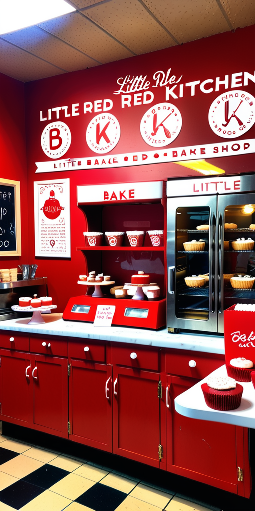 Charming Little Red Kitchen Featuring a Delightful Bake Shop Display