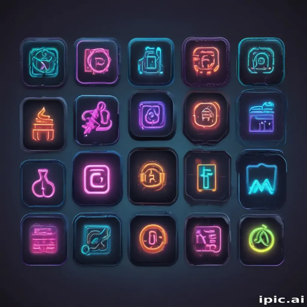 Colorful Neon Icons Representing Various Digital Applications and Services