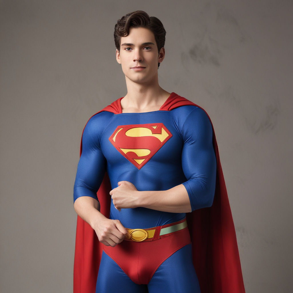 Superman stand in Superman pose,very hot and handsome college guy
