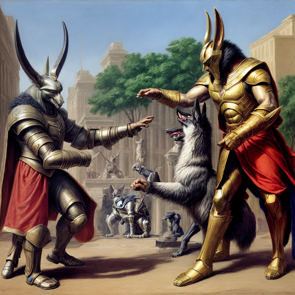 Anubis fighting Zeus in the street