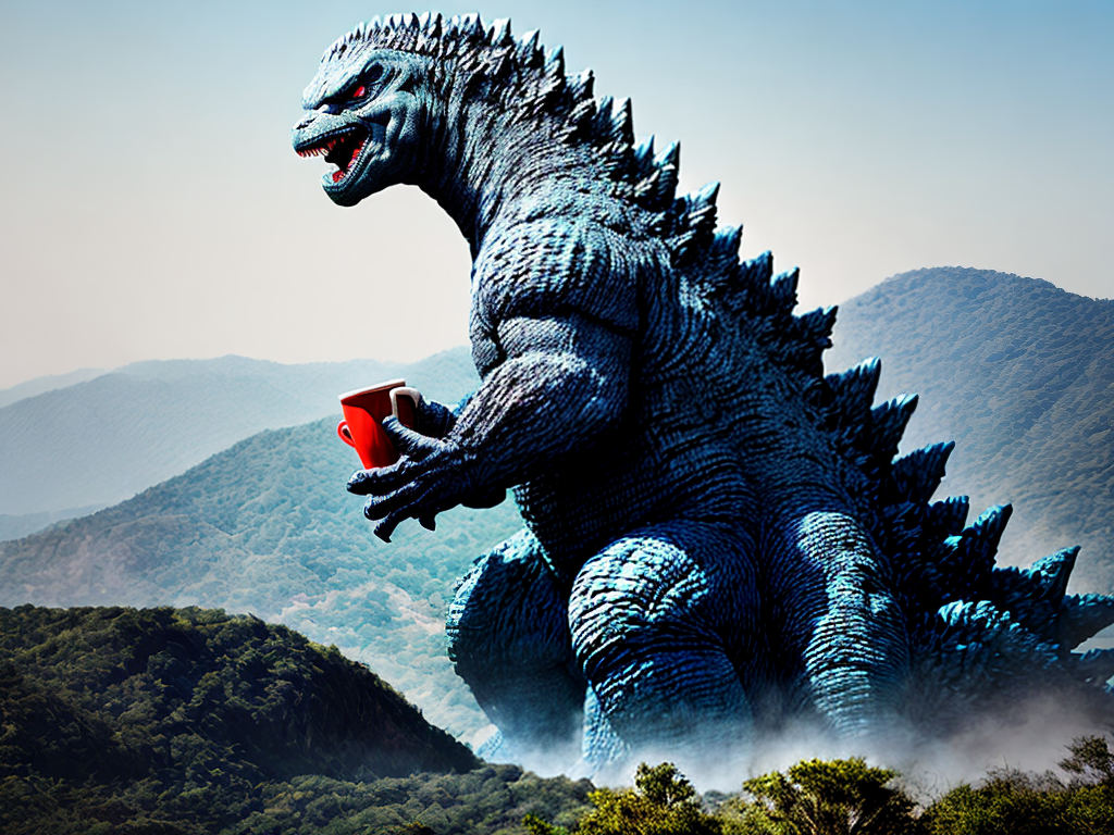 godzilla drinking coffee