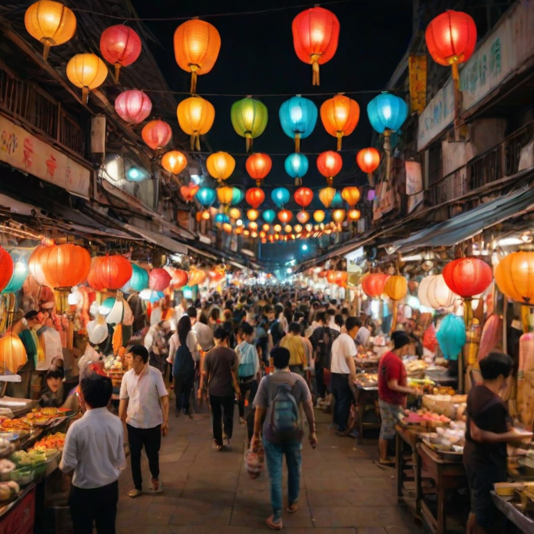 Vibrant Night Market Scene Filled with Colorful Lanterns and Crowded ...