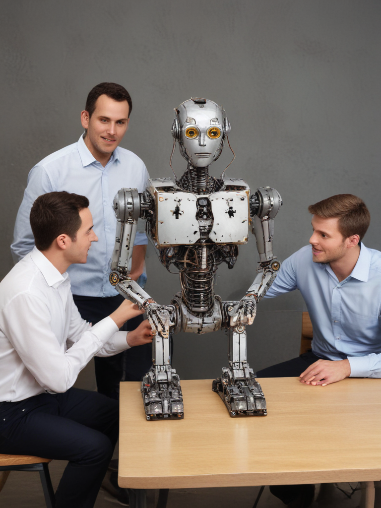 three men teaching a robot sitting at a table