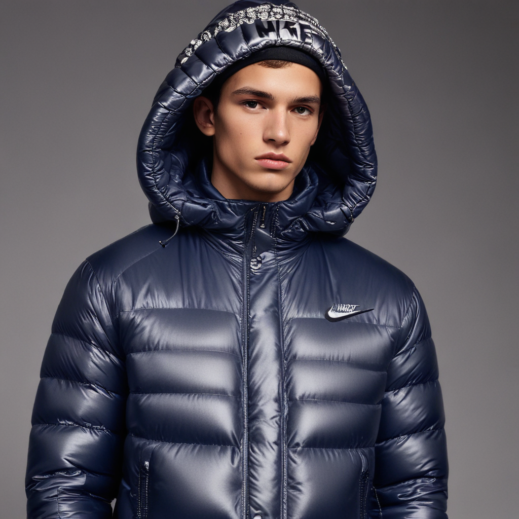 Male supermodel nike shiny puffer jacket bling jewellery hood headband
