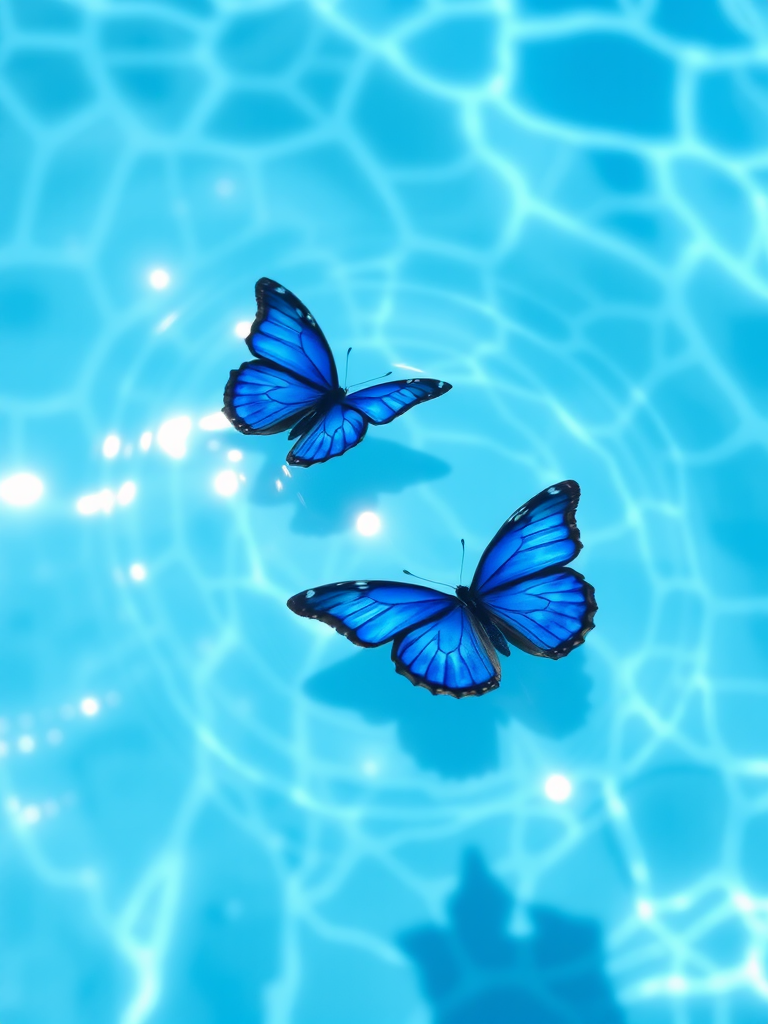 Two Vibrant Blue Butterflies Gracefully Floating on Sparkling Pool Water
