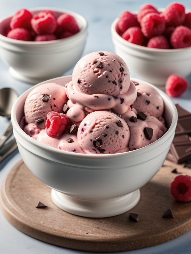 Delicious Raspberry Chocolate Chip Ice Cream in a White Bowl Decorated ...