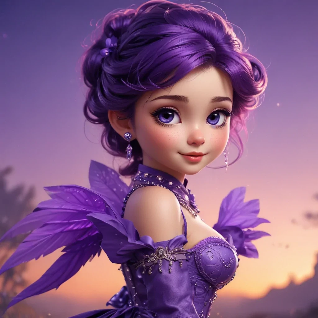 Enchanting Fairy with Purple Hair and Wings at Sunset in Fantasy Land