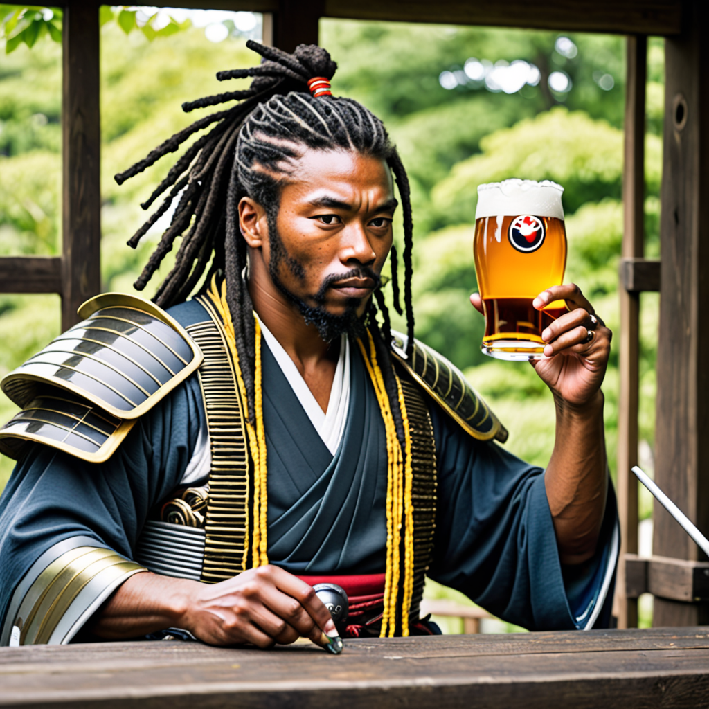 african american samurai with dreadlocs drinking tall beer studio ...