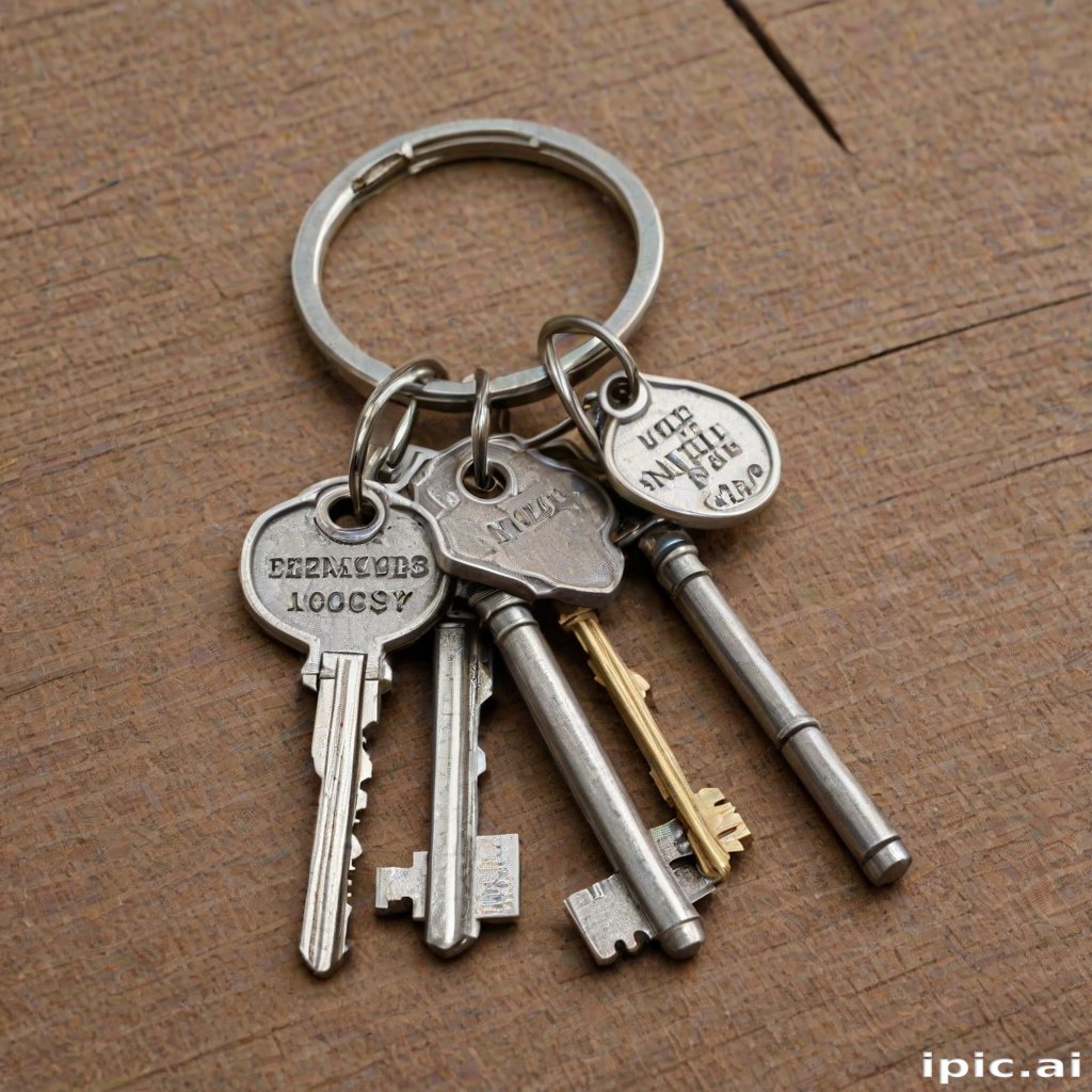 A Collection of Vintage Keys on a Keyring Resting on Wood.