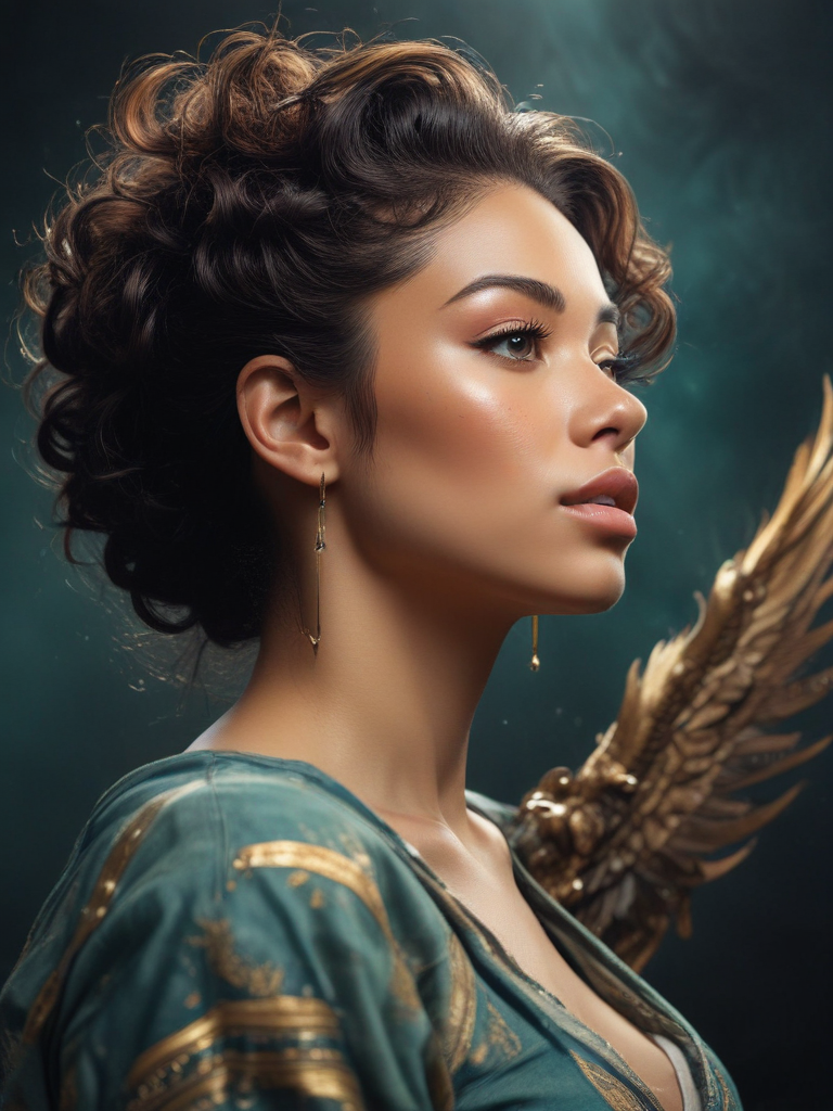 Elegant Portrait of a Woman with Intricate Hair and Golden Wings