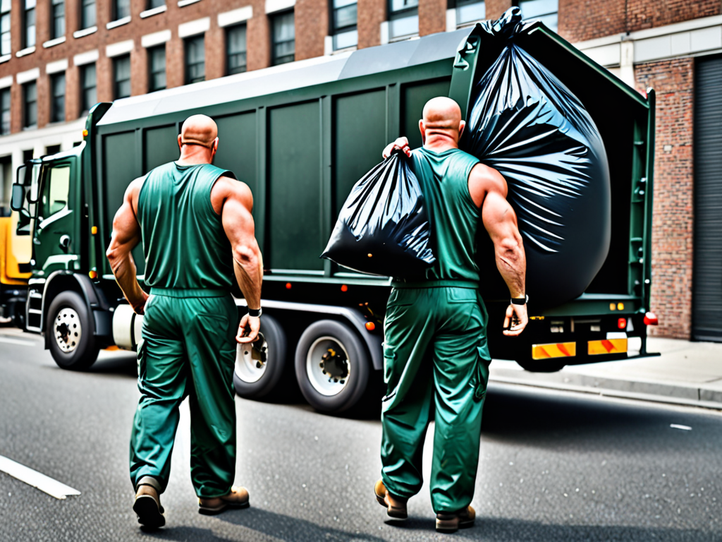 realistic handsome bald muscular garbagemen from behind carrying black ...
