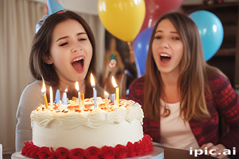 Two Friends Joyfully Celebrating a Birthday with a Colorful Cake