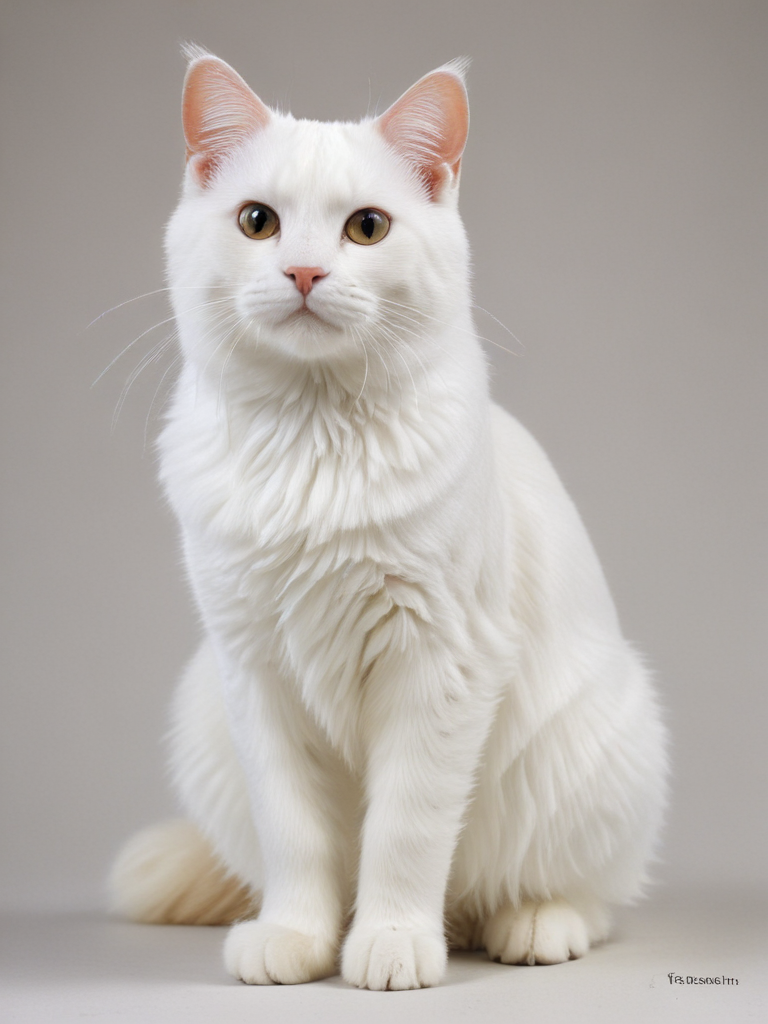 A Majestic White Cat Poses Elegantly Against a Soft Gray Background.
