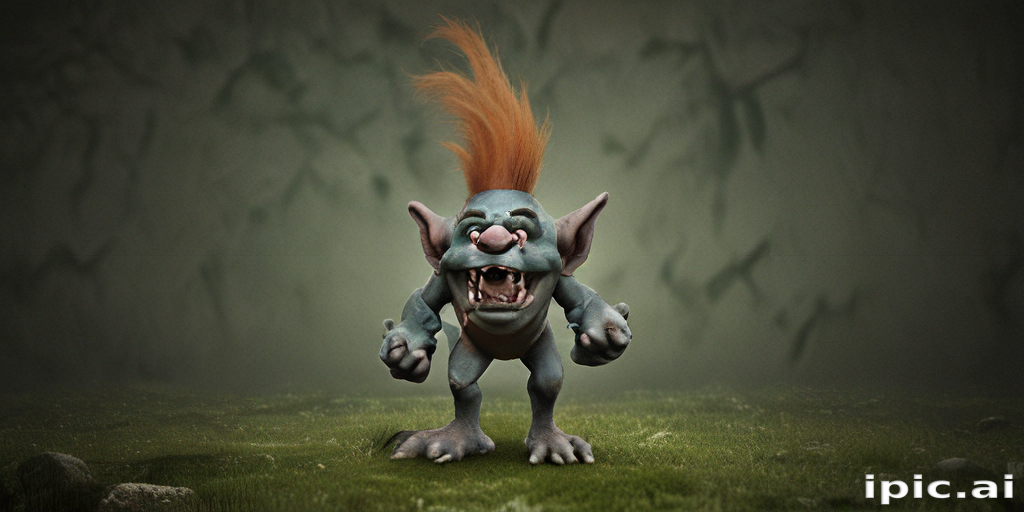 A Mischievous Troll with Spiky Hair Roaring in a Mysterious Forest Setting.
