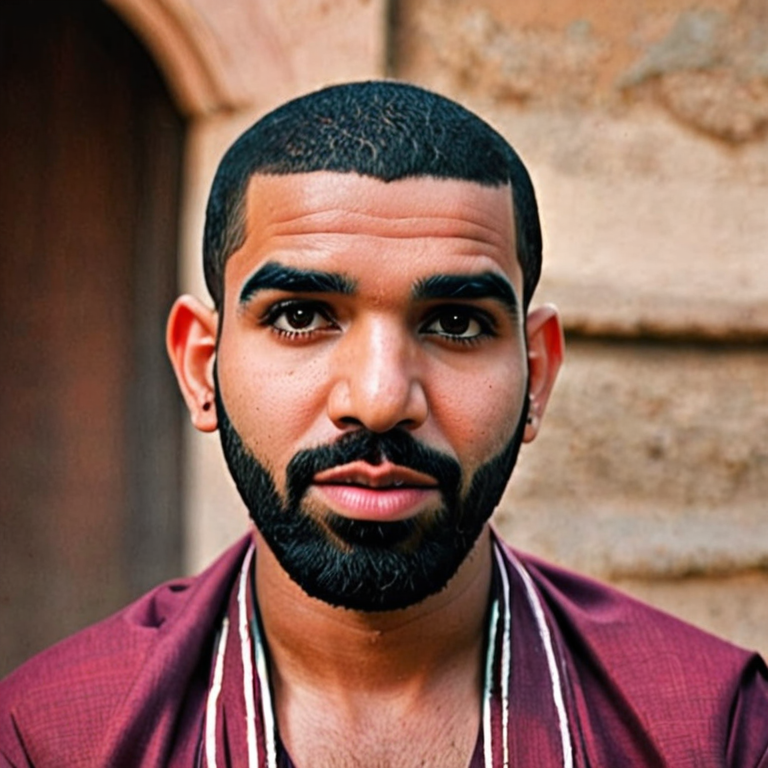 An Indian swami that looks like drake, front view, and his head is shaven