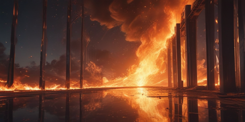 Fiery Landscape: A Dramatic Scene of Flames and Reflections at Dusk