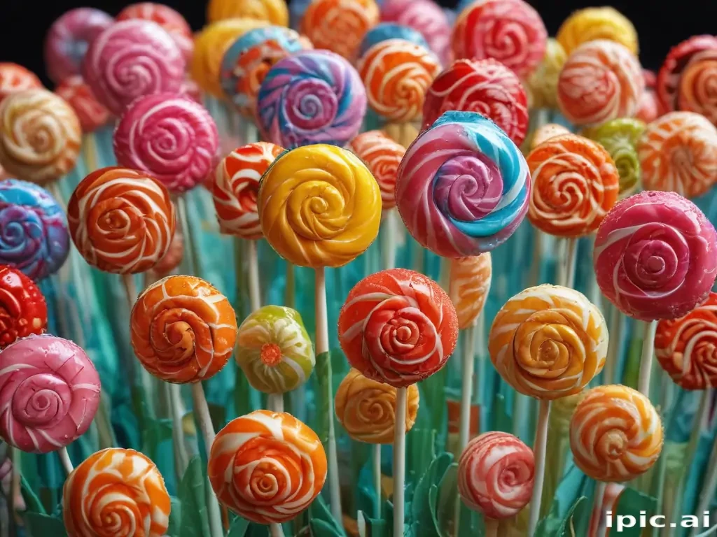 A Colorful Array of Swirled Lollipops Sticking Up from Green Grass.