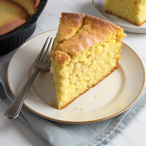 Deliciously Moist Cornbread Slice Served on a Beautiful Plate with Fork.