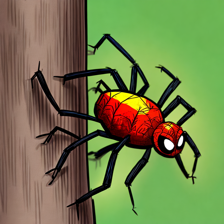 colored spider crawling up a tree, cartoon style