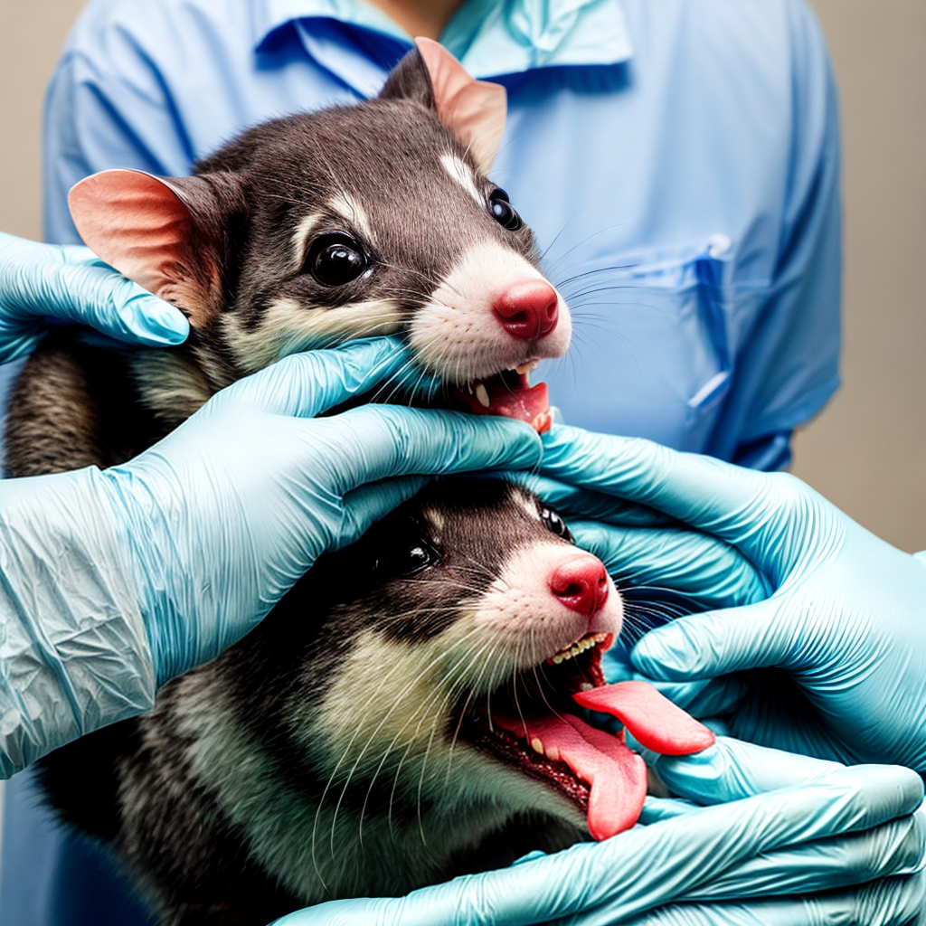 A possum in a surgical cap performing dental work