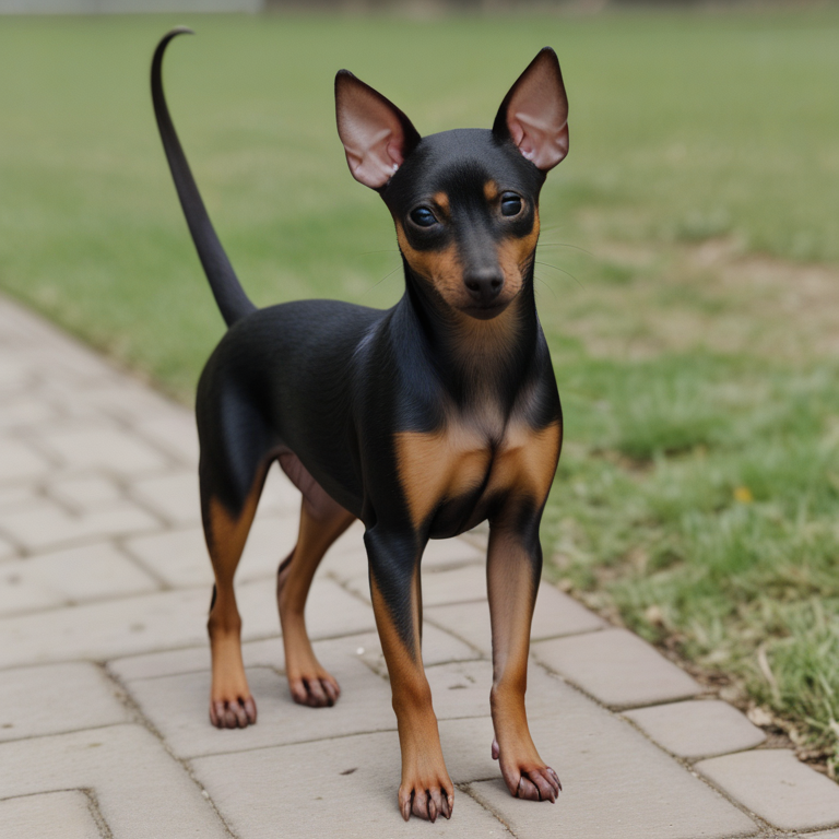 A Playful Miniature Pinscher Standing Proudly on a Garden Pathway.