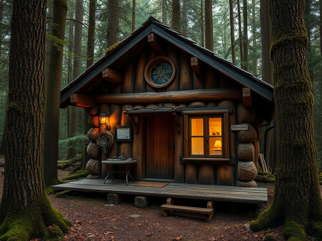 Charming wooden cabin nestled among tall, majestic forest trees at dusk.
