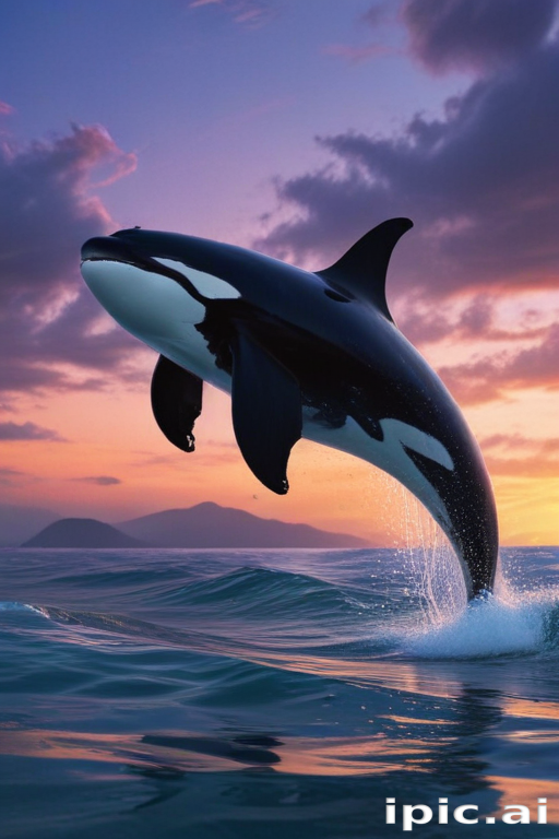 Majestic Orca Leaping Gracefully Above the Calm Ocean at Sunset