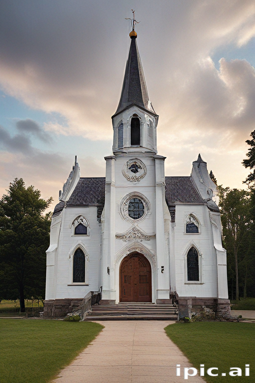 Charming White Church with Steeple Surrounded by Lush Greenery at Dusk
