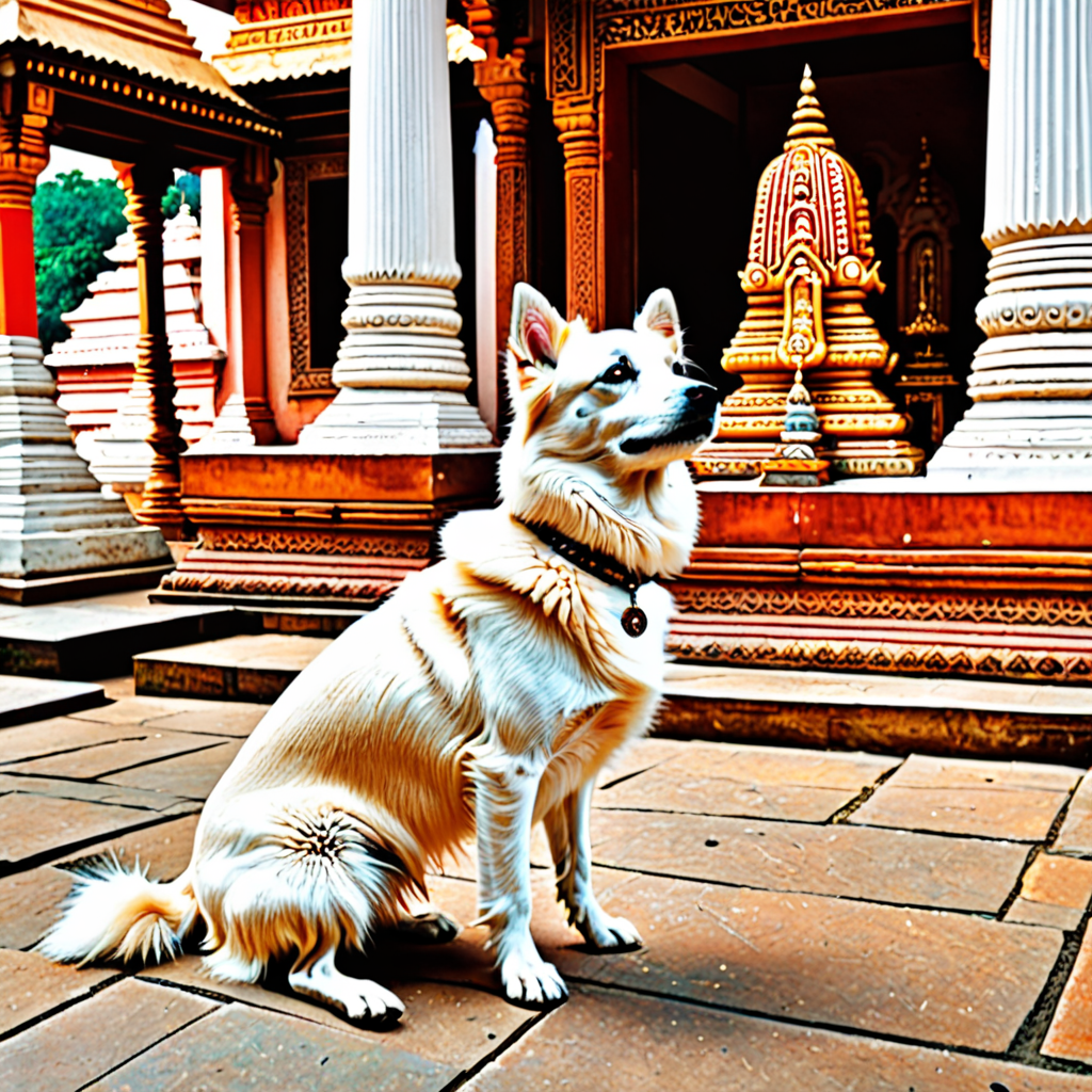 White Indian Spitz dog in hindu temple praying to shivling
