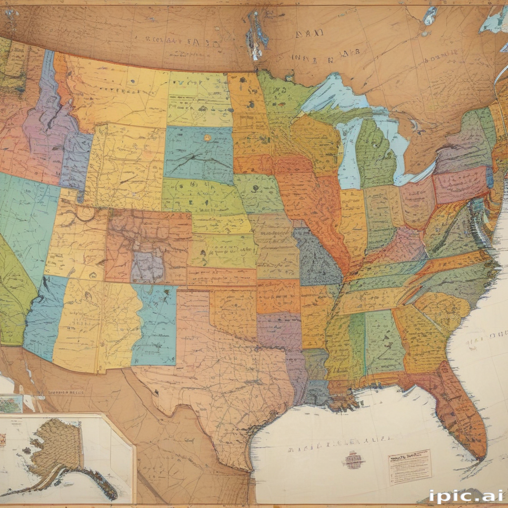 Detailed Vintage Map of the United States Highlighting State Borders ...