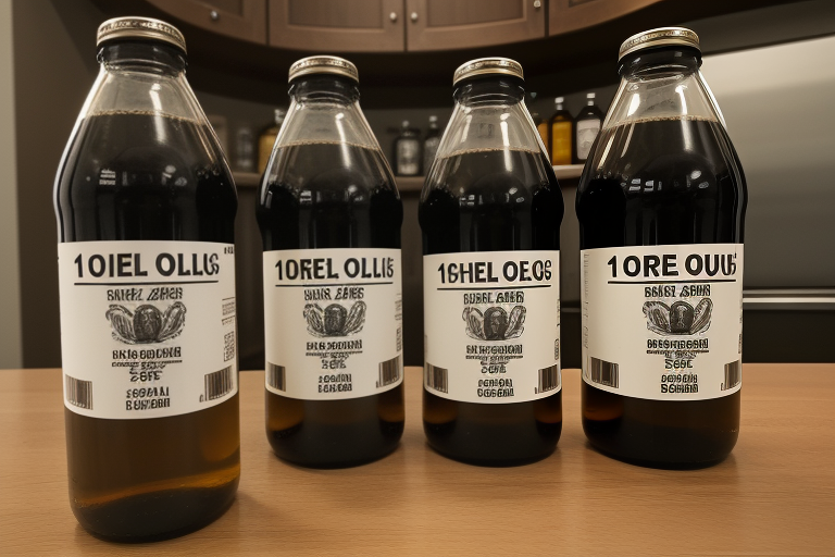Bottles of Unique Beverages Displayed on a Wooden Countertop